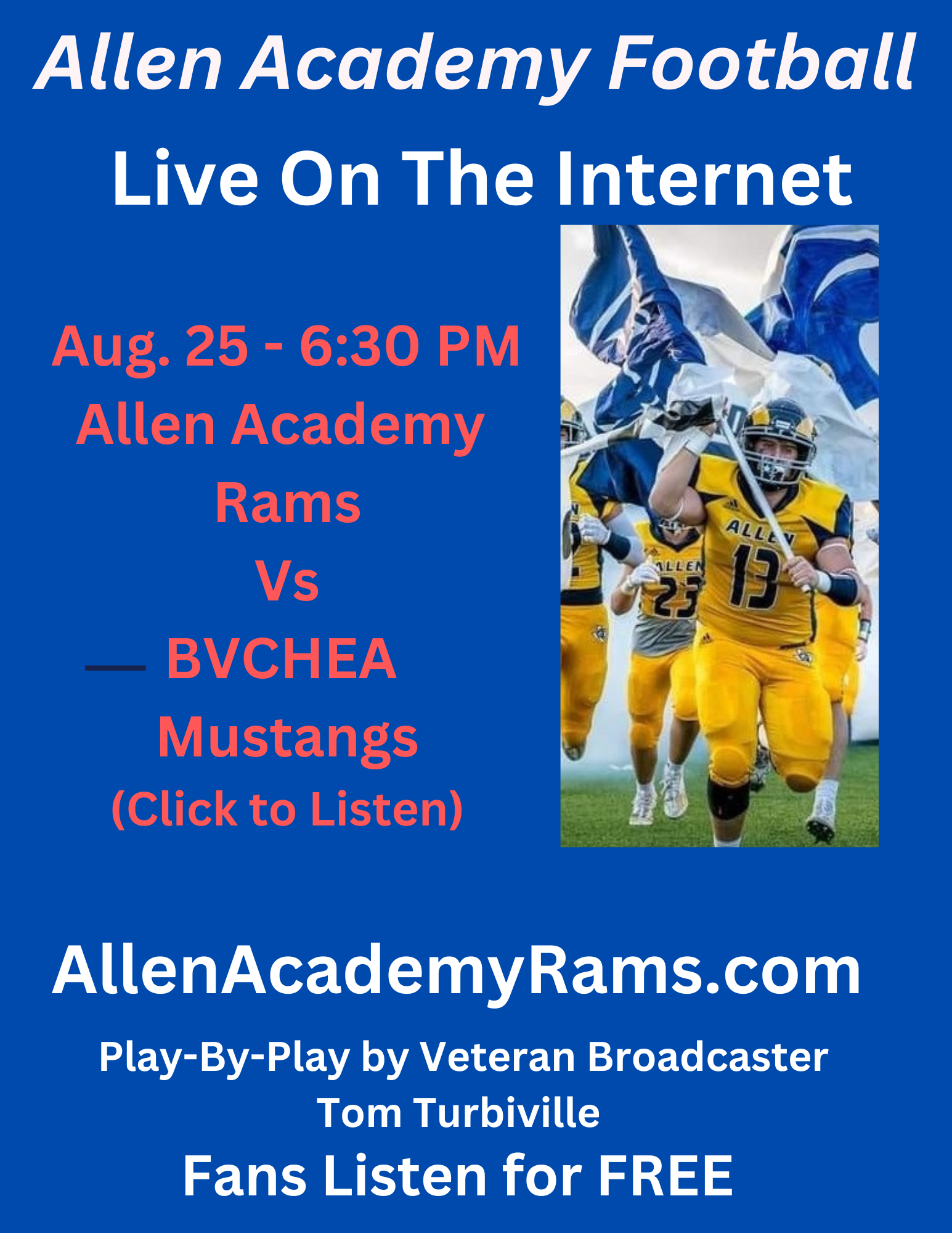 Live/Free Game Broadcast – Allen Academy Rams Football