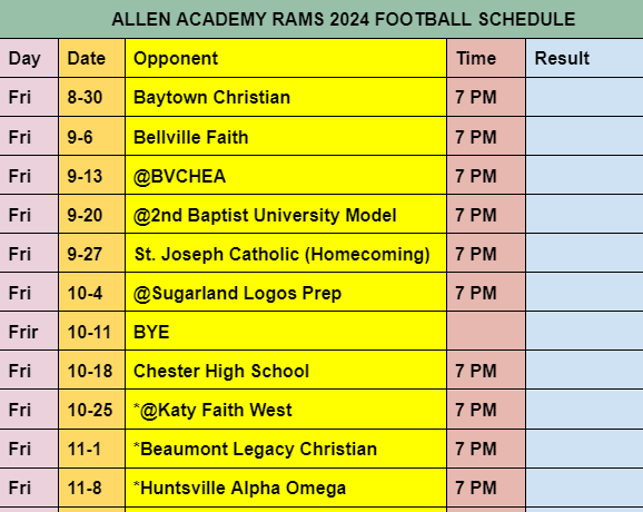 2024 Football Schedule – Allen Academy Rams Football