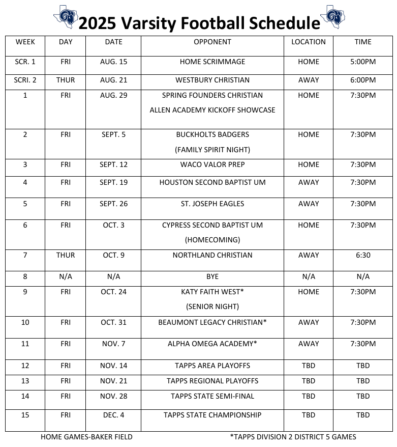 2025 Football Schedule – Allen Academy Rams Football